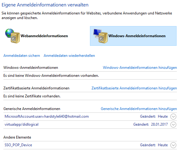 Windows 10 Anmeldeinformationsverwaltung
