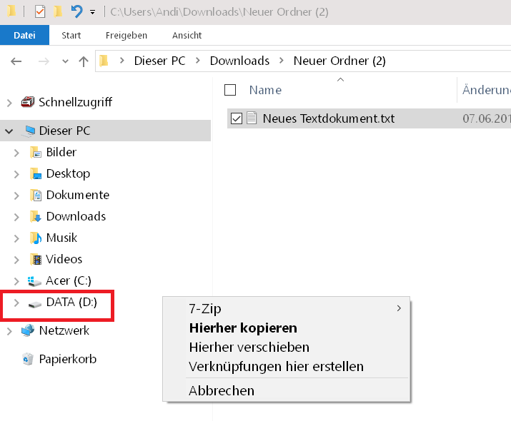 Windows 10 Standardaktion kopieren, verschieben ändern