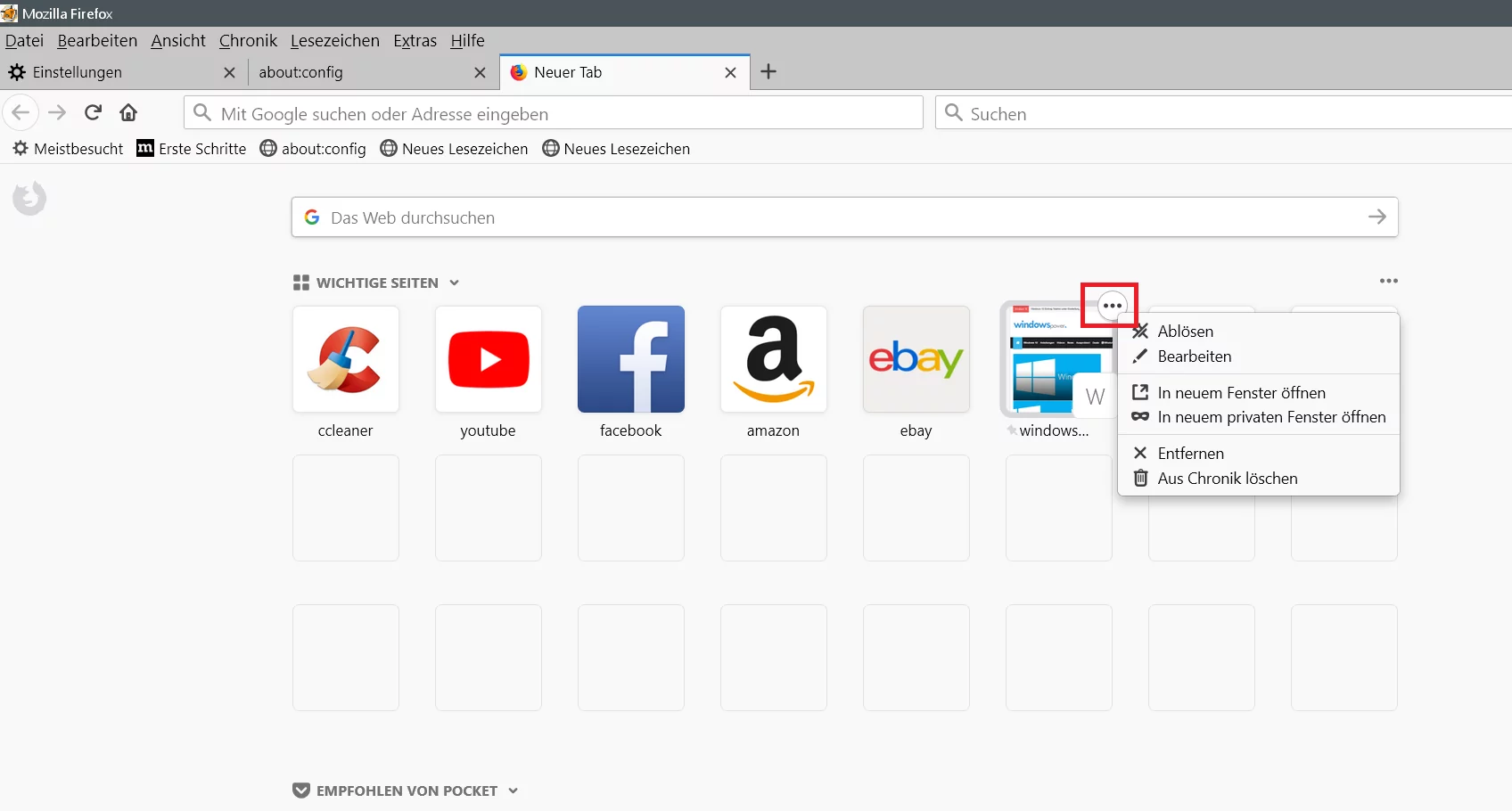 Firefox Neuer Tab Wichtige Seiten mehr Einträge erstellen