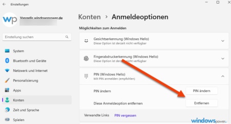 PIN entfernen unter Windows 11 - Anmeldung ohne Passwort