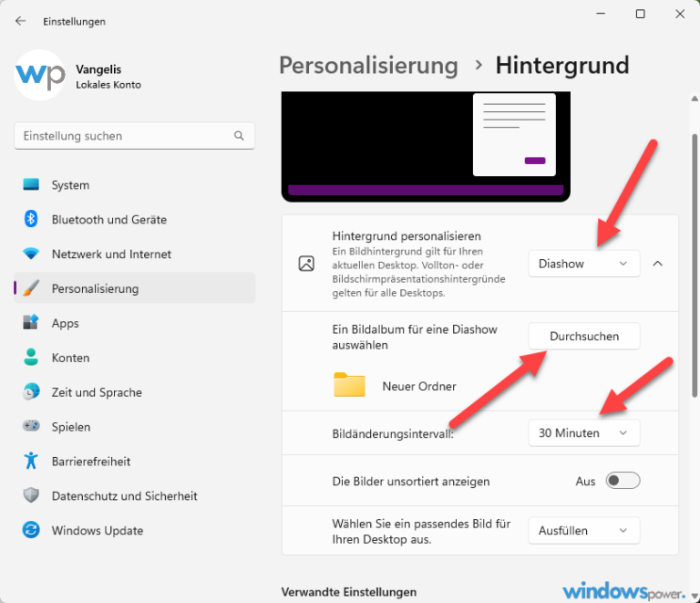 Windows 11 Hintergrund Diashow einrichten